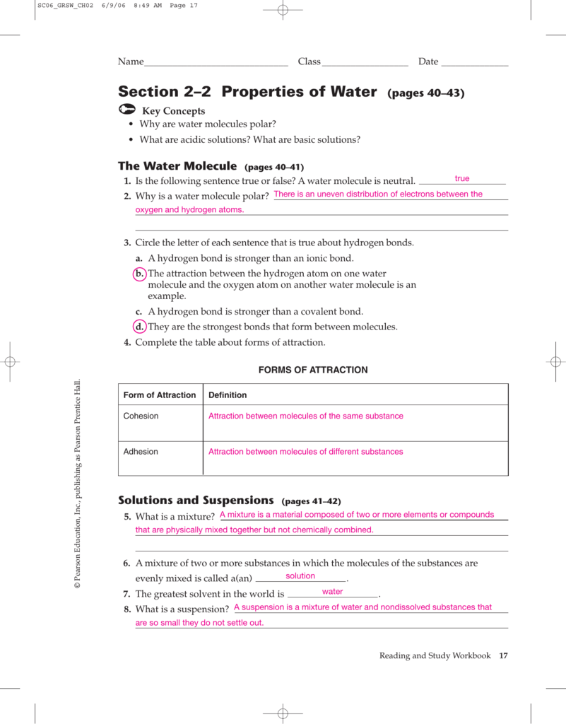 Properties Of Water Worksheets Biology