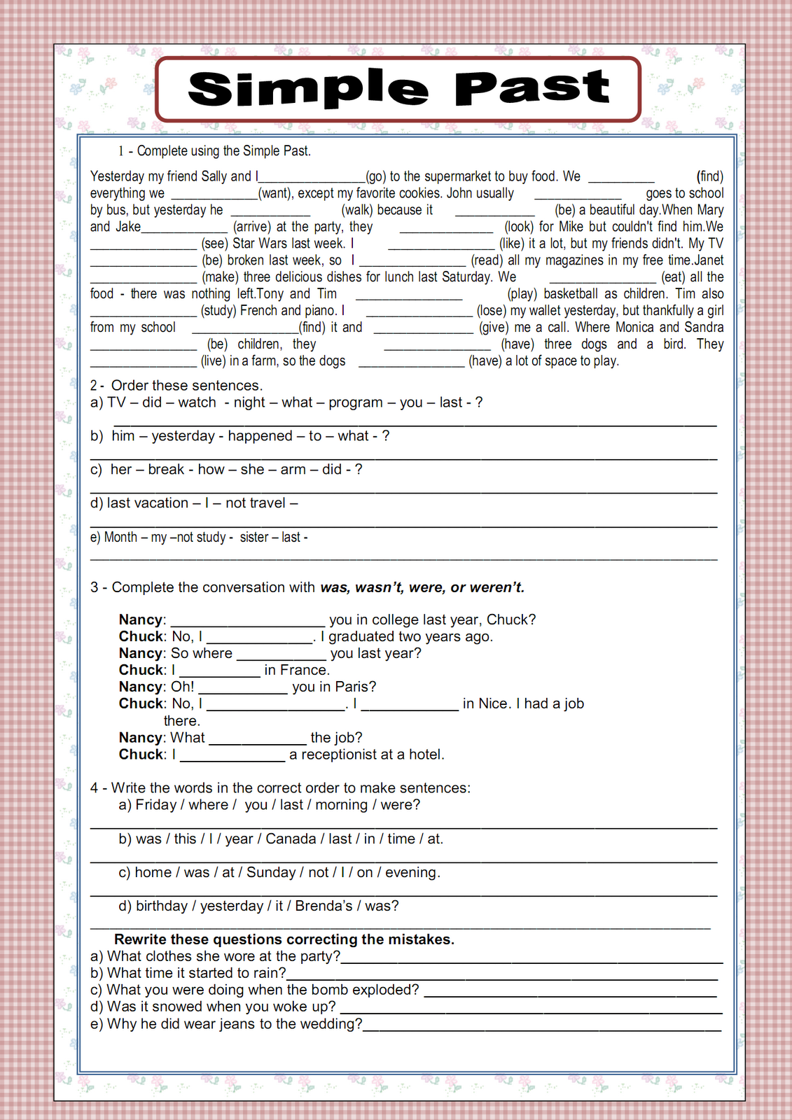 Simple Past Atividades Com Tirinhas - NAZAEDU